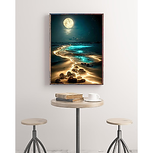 KINPLUB Moonlight Beach Diamond Painting Kits for Adults, 5D Seaside Moon Diamond Art Kits for Beginners, DIY Full Drill Paint with Diamond, Home Wall Decor 12 x 16 Inch