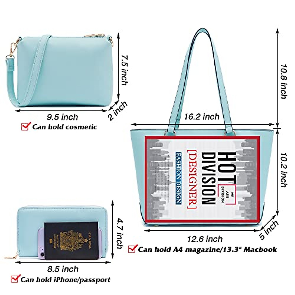 Purse Women Handbag Wallet Shoulder Bags Tote shoulder Hobo 3pcs Purse Set IceBlue