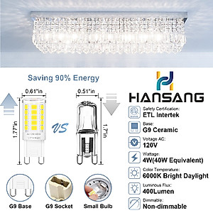 hansang 12 Pack G9 LED Bulb 6000K Cool Daylight for Crystal Chandelier, 4W 40Watt G9 Halogen Equivalent 1.77'' Height Short T4 Light Bulb with G9 Ceramic Bin-pin Base, 400LM, AC 120V, Non-Dimmable