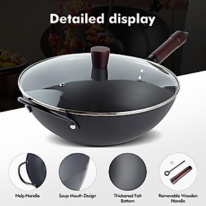 Vegoran Carbon Steel Wok Pan,12.5" Non-Stick Woks & Stir-Fry Pans with Glass Lid,No Chemical Coated Flat Bottom Iron Wok for Induction,Electric,Gas,Halogen,All Stoves-Practical Gift (12.5")