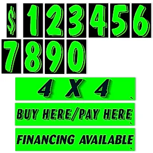VERSA-TAGS 7.5" Black/Green Vinyl Number Decals 11 Dozen Set Windshield Pricing & 1 Pack of Each of 4X4, Buy Here Pay Here, Financing Available 14.5" x 2.75" Sticker Windshield Decal Auto Dealership