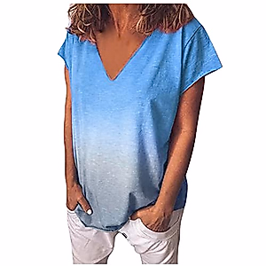 wodceeke Women's Sexy V-neck T-shirt Tie Dye Short Sleeve Basic Tee Casual Loose Summer Blouse Tops (Blue, XL)