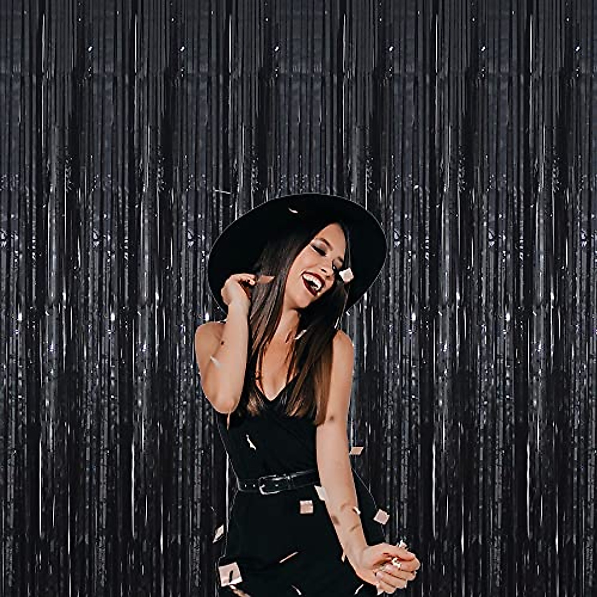 GOER 3.2 ft x 9.8 ft Metallic Tinsel Foil Fringe Curtains Party Photo Backdrop Party Streamers for Halloween,Birthday,Graduation,New Year Eve Decorations Wedding Decor (5 Packs,Black)