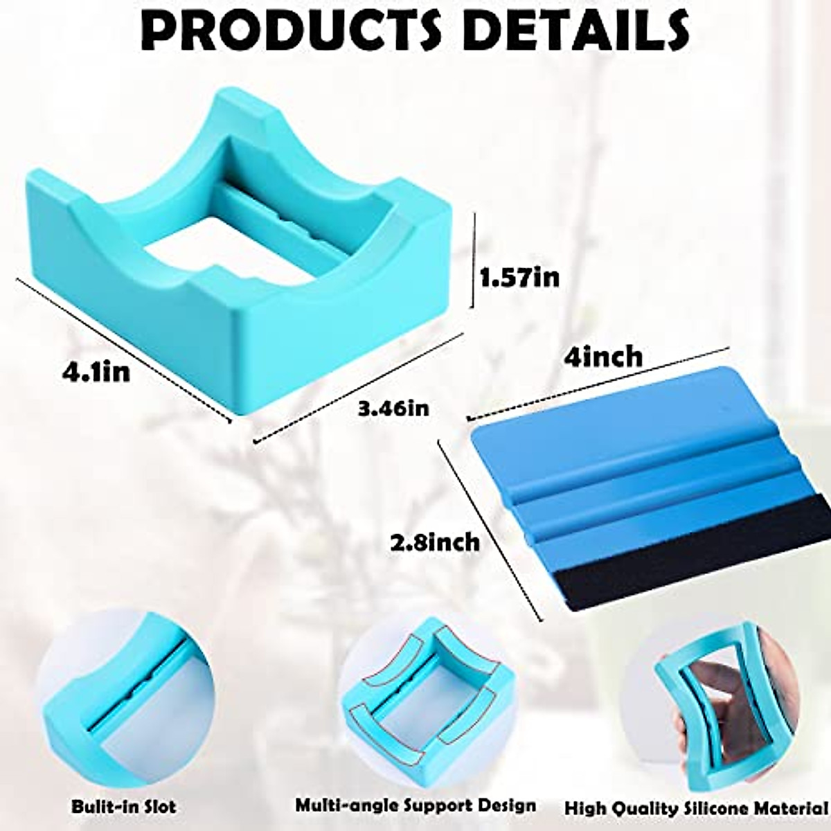 Silicone Cup Cradle for Tumblers with Built-in Slot, Tumbler Holder for Crafts Use to Apply Vinyl Decals for Tumblers, Small Tumbler Stand Cup Holder with Felt Edge Squeegee for Cups Bottles（Cyan)