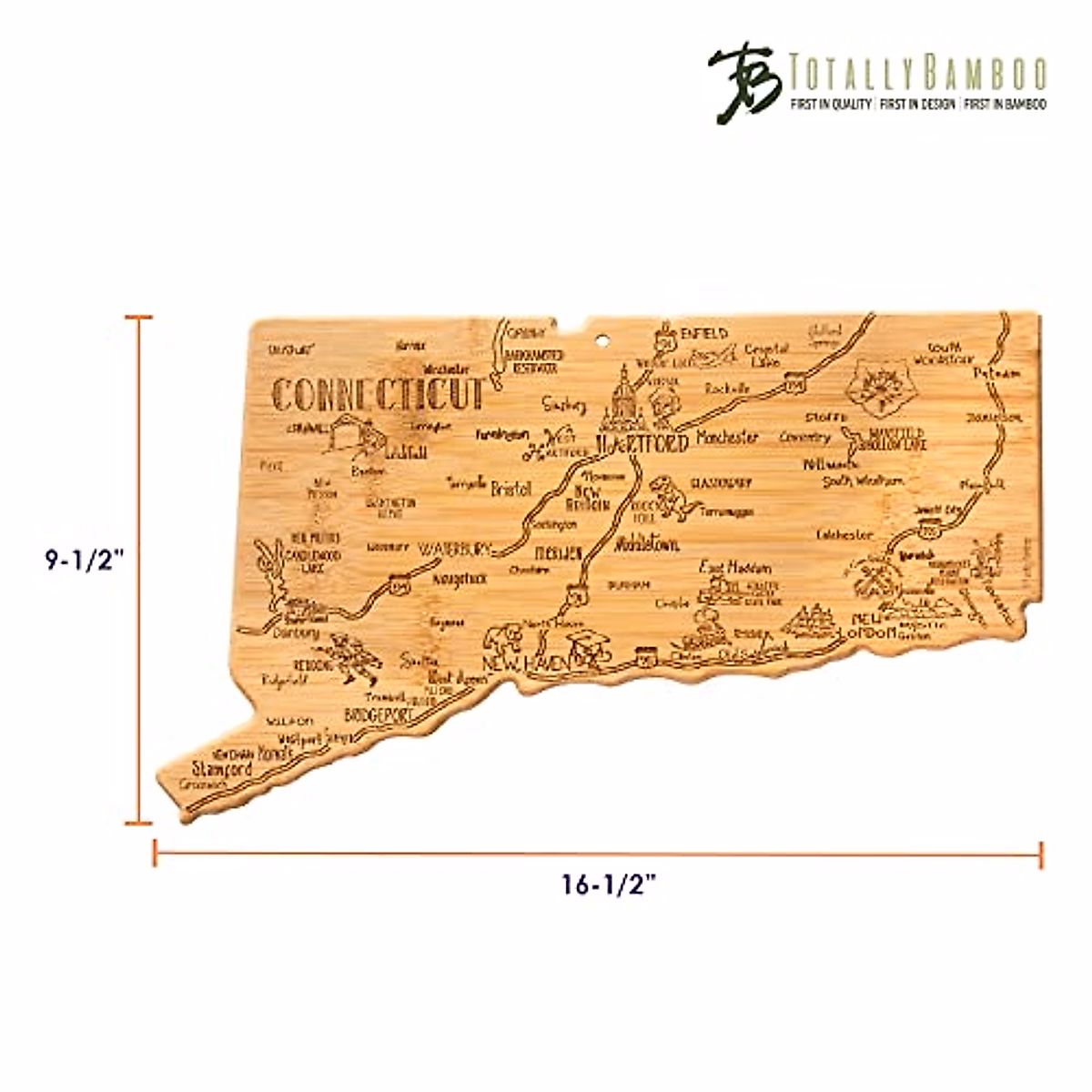 Totally Bamboo Destination Connecticut State Shaped Serving and Cutting Board, Includes Hang Tie for Wall Display