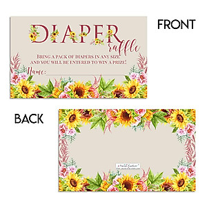 Amanda Creation Watercolor Sunflower & Peony Floral Spring Diaper Raffle Tickets for Baby Showers, 20 2" X 3” Double Sided Inserts, Bring a Pack of Diapers to Win Favors & Priz