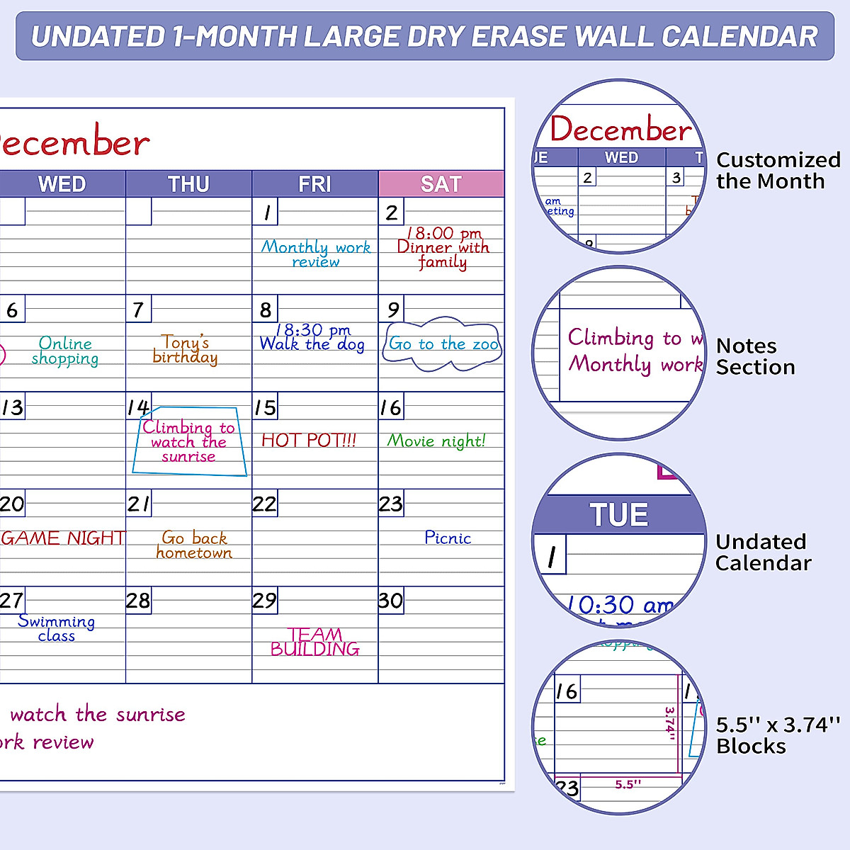 Large Dry Erase Calendar - 27.8"x 40", Undated Monthly Wall Calendar Laminated, Blank Reusable Calendar Planner for Home, Office, Classroom, with Ample Daily Boxes, Notes, 6 Markers ＆ 8 Stickers