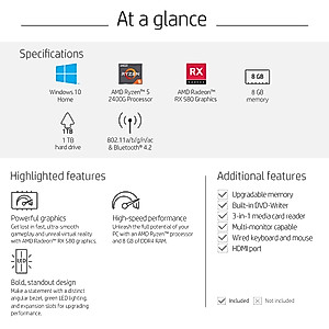HP Pavilion Gaming PC Desktop Computer, AMD Ryzen 5 2400G, AMD Radeon RX 580, 8GB RAM, 1TB hard drive, Windows 10 (690-0020, Black)
