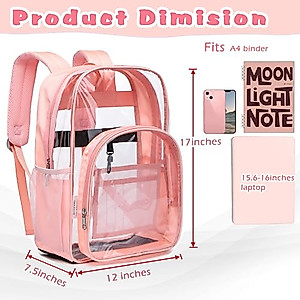 BLUEFAIRY Clear Backpack for School Stadium Approved Large PVC See Through Bag Heavy Duty Bookbag Transparent Plastic Bag for Kids Students Work Events 17" Pink