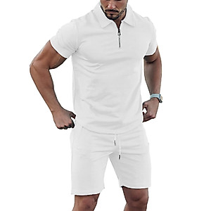 URRU Mens Short Sleeve Casual Polo Shirt and Shorts Sets Two Piece Summer Outfits Tracksuit Set for Men White L