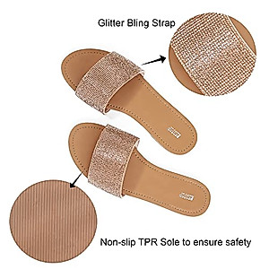 REDTOP Women's Slip on Sandals Slide Glitter Bling Casual Sandal Flat Open Toe Sparkle Slides Rose Gold Size 9
