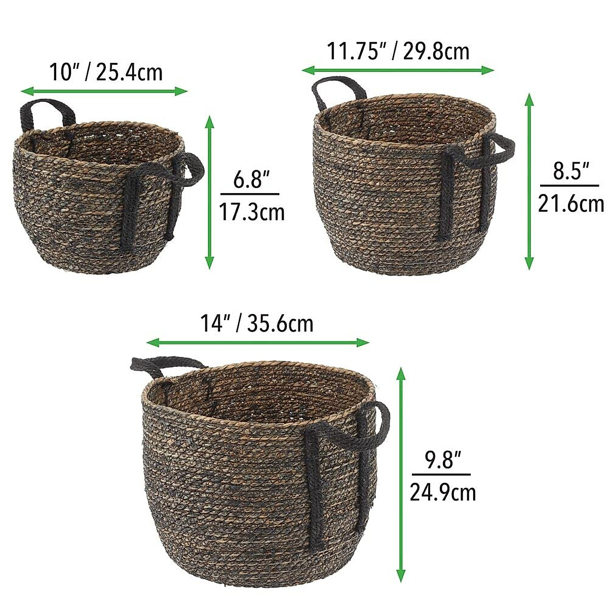 mDesign Round Braided Seagrass Woven Storage Basket with Jute Handles - Rope Weave Circle-Shaped Basket Bin for Shoe Storage in Entryway, Organizing Playroom Toys, and Laundry - Set of 3 - Black Wash