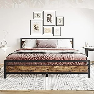 HOJINLINERO King Bed Frame with Headboard,Platform Bed Frame King No Box Spring Needed,Mattress Foundation,Sturdy Steel Slat Support,Easy Assembly,King Size Bed Frame,Black and Rustic Brown