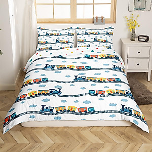 Erosebridal Cute Steam Engine Bed Sets for Kids Toddlers Kawaii Train Comforter Cover Construction Vehicles Duvet Cover Queen Cartoon Railway Bedding Set Boys Car Theme Bedspread Cover 3pcs