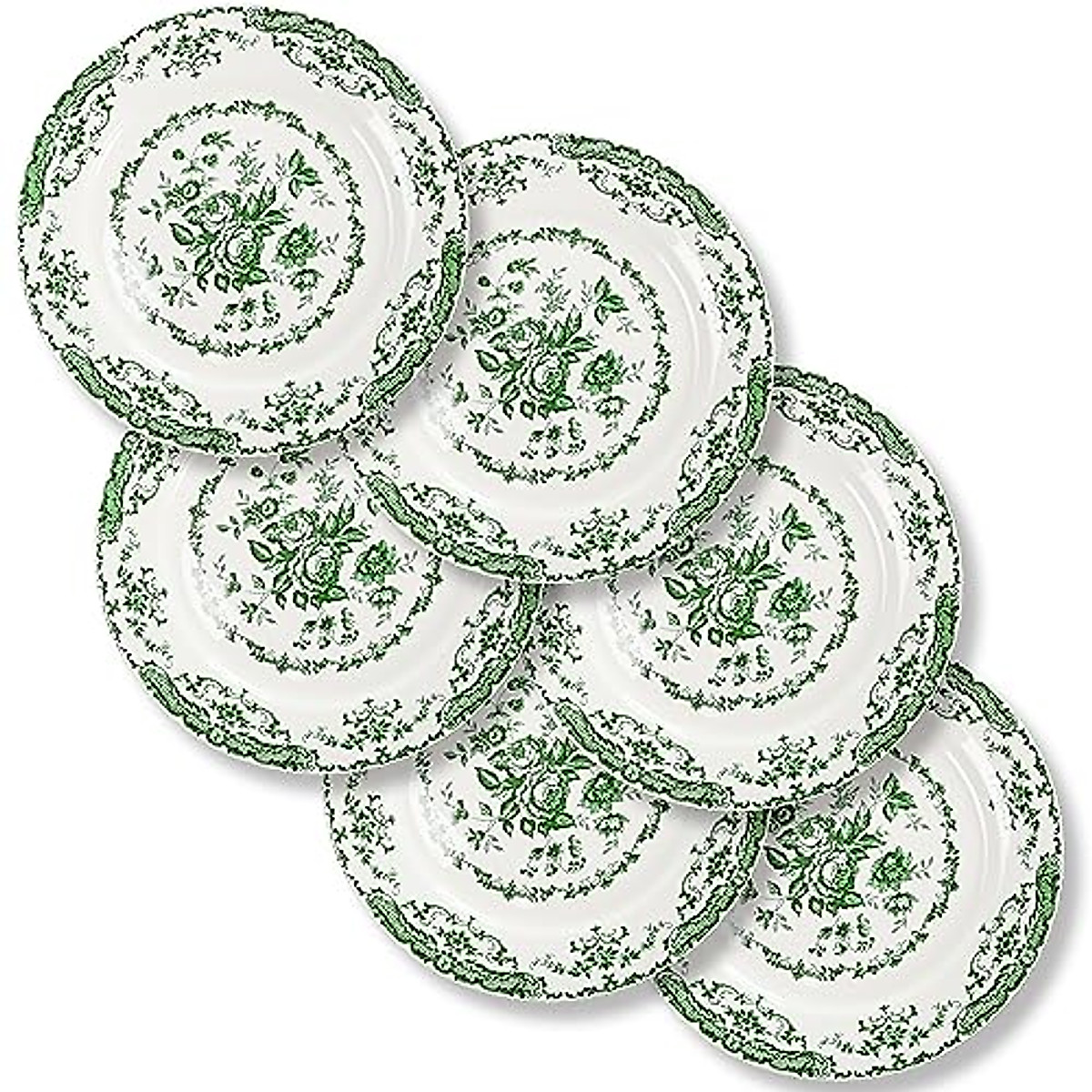 HomeElves Dinner Plates Set of 6, White Plates, Ceramic Kitchen Plates Microwave Safe Plates, 10.5 Inch Porcelain Dinner Plates Floral Plates, Green