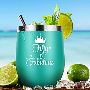 50th Birthday Gifts For Women - 1973 50th Birthday Decorations For Women - Birthday Gifts For 50 Year Old Woman - Green 60 & Fabulous 12 oz Wine Tumbler Gift for Her, Wife, Mom, Sister, Friend