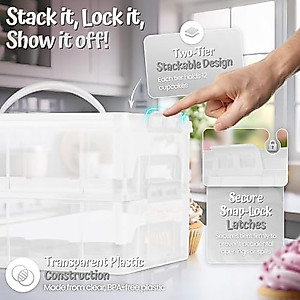 Flexzion Cupcake Carrier, Cupcake Holder for 24 Cupcakes, Portable and Reusable Rectangular Cake Carrier with Lid and Handle, 2 Tier Stackable Layer Insert (Clear)