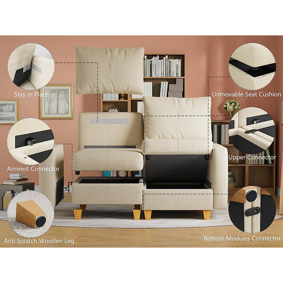 EASE MOOSE Modular Sectional Couch Armrest, Linen Modular Sofa Side Armrest Module Pair for Sectional Modular Couch Beige