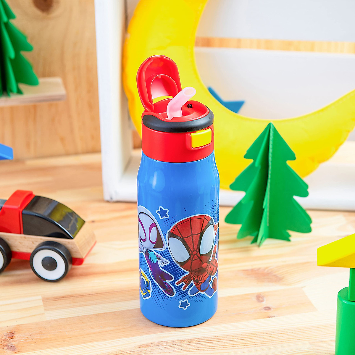 Zak Designs Marvel Spidey And His Amazing Friends Vacuum Insulated Stainless Steel Kids Mesa Water Bottle with Flip-Up Straw and Locking Spout Cover, Durable Cup for Sports or Travel (13.5oz, 18/8 SS)