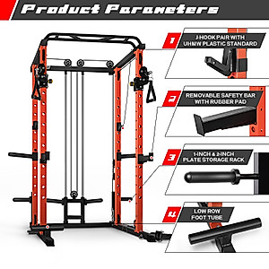 RitFit Multi-Function Power Rack Cage PPC03 with Adjustable Cable Crossover System,1000LBS Capacity, Full Home Gym Workout with J-Hook, Landmine and Other Attachments-Orange