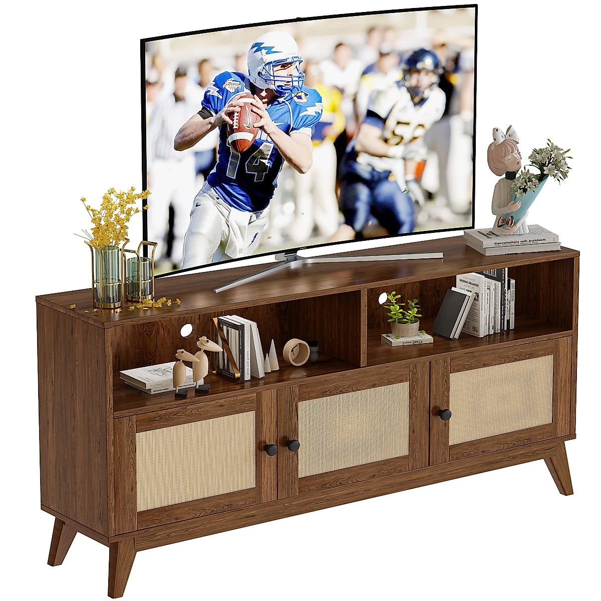 AWQM TV Stand for Living Room, Mid Century Modern TV Console, Rattan Entertainment Center with Storage and Open Shelves, Walnut