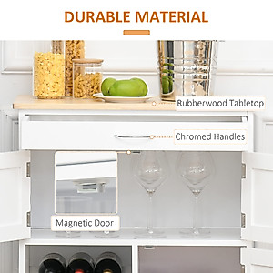 HOMCOM Bar Cart Rolling Kitchen Island on Wheels with 9-Bottle Wine Rack, Small Kitchen Cart with Wide Drawer, Kitchen Storage Cabinets, Wooden Countertop, White