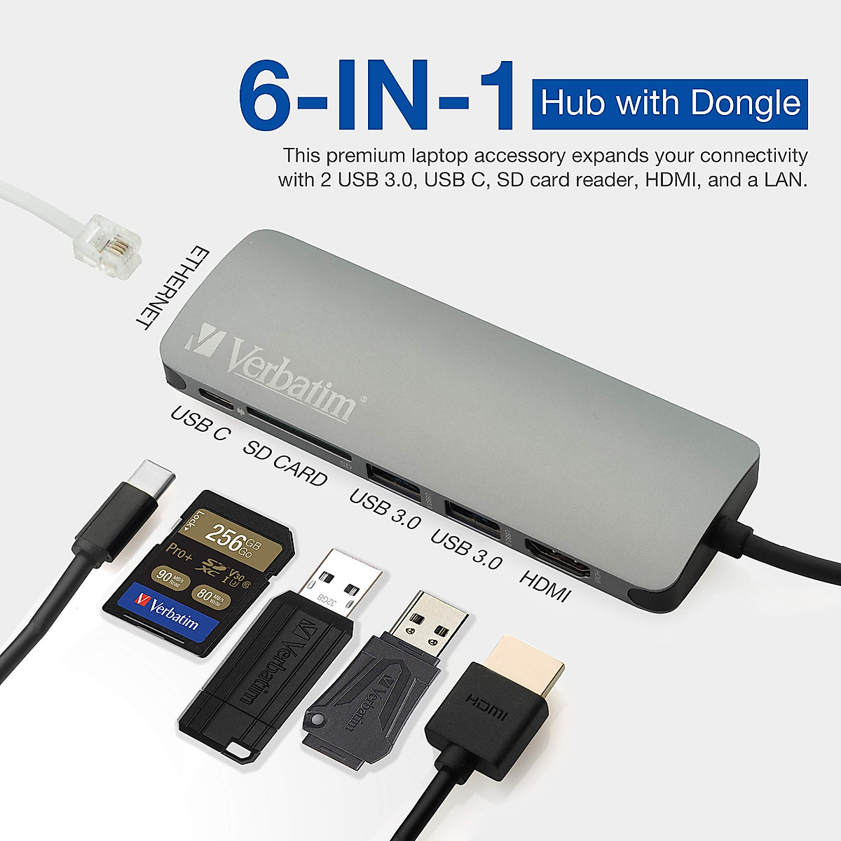 Verbatim 6-in-1 USB C Hub w/Dongle - USB Hub for Laptop w/ 2 USB 3.0, USB C, SD Card Reader, 4K HDMI, Ethernet, Compact & Portable USB-C Hub