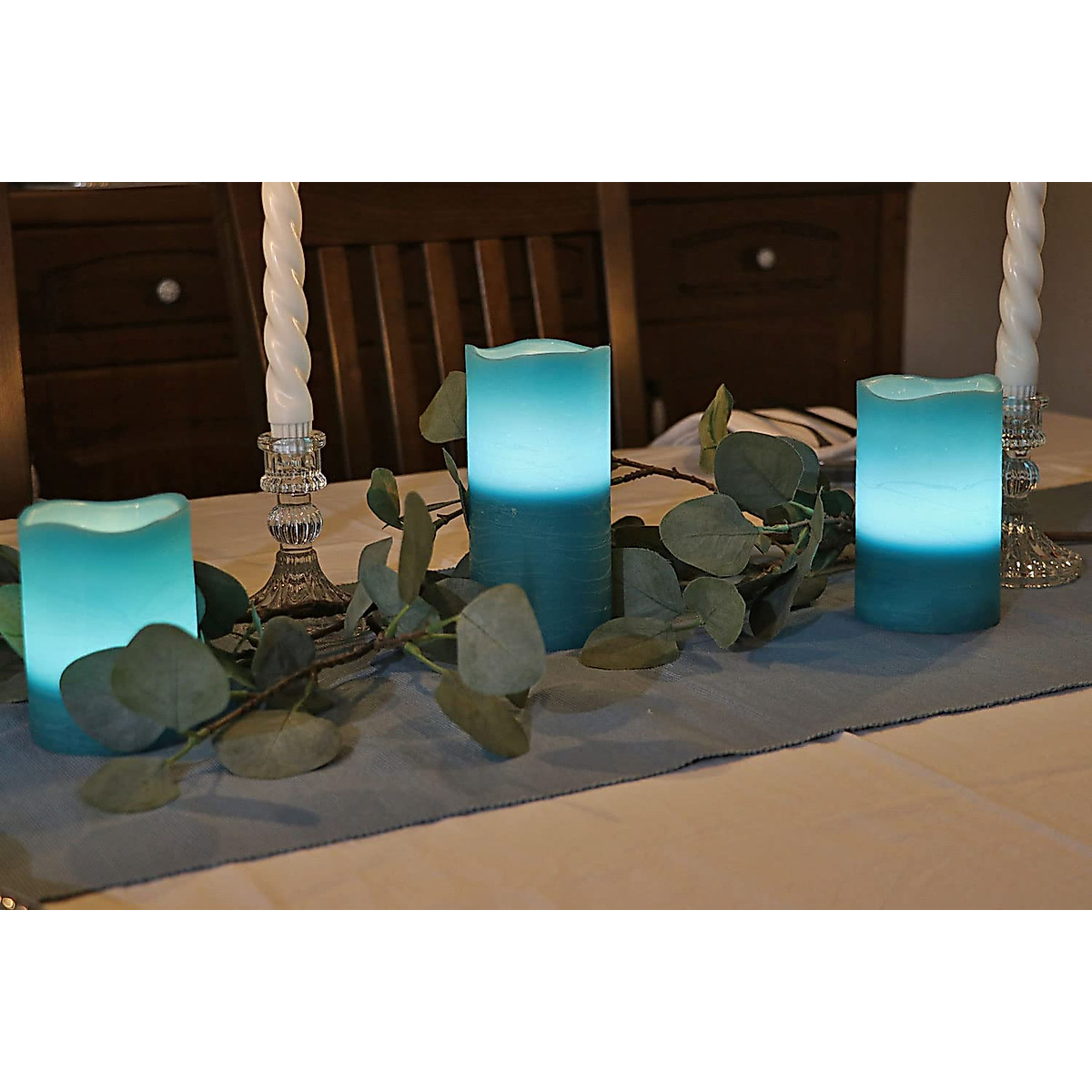 Rhytsing Turquoise Battery Operated Flameless Led Candles with Timer Function for Summer and Weddings, Warm White Light, Real Wax Finish, 6 Batteries Included - Set of 3