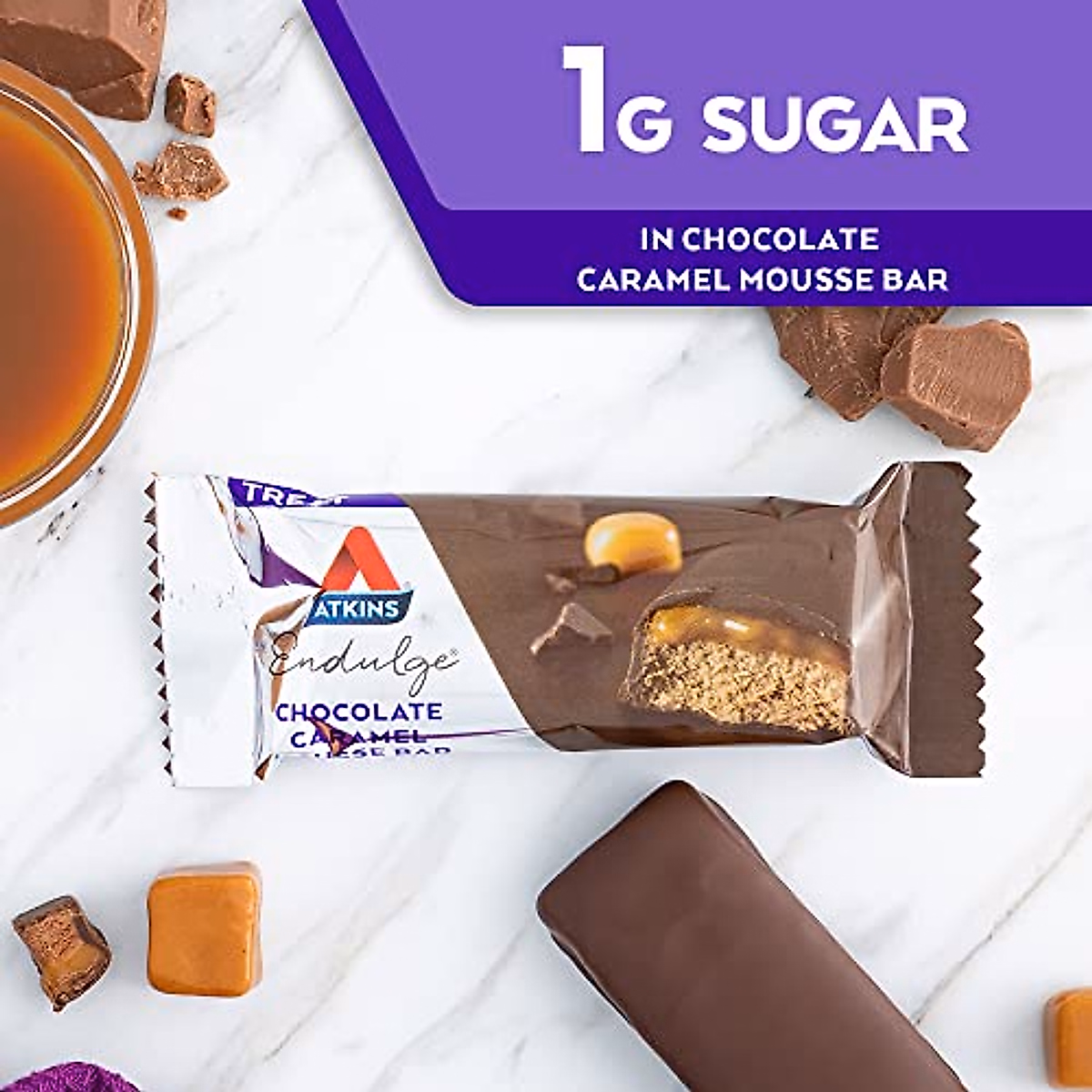 Atkins Endulge Chocolate Caramel Mousse Bar, Dessert Favorite, 1g Sugar, High in Fiber, 5 Count
