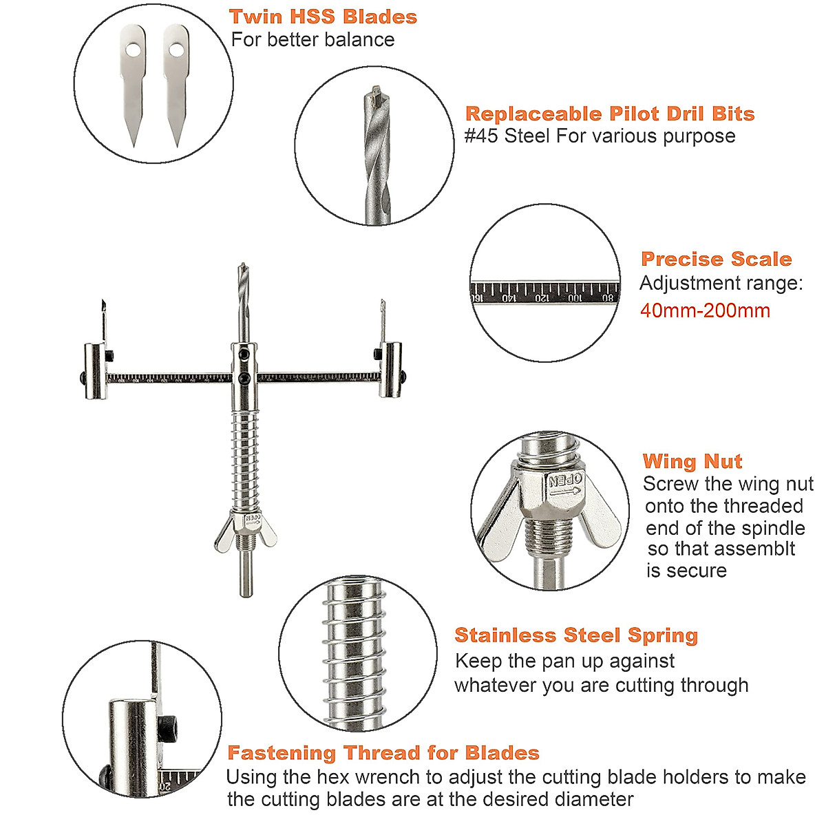 Toolly Adjustable Hole Saw Cutter Kit 1-5/8" to 8" (40-200mm) Twin Blade Circle Hole Saw Cutter with ABS Dust Shield for Making recessed Lights, Speaker Holes or Ventilation Holes