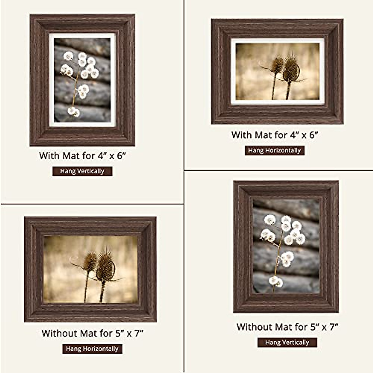 GraduationMall 5x7 Wood Picture Frames,Display Photos 4x6 with Mat or 5x7 Without Mat,Real Glass,Wall or Tabletop Display,Rustic Brown Set of 2