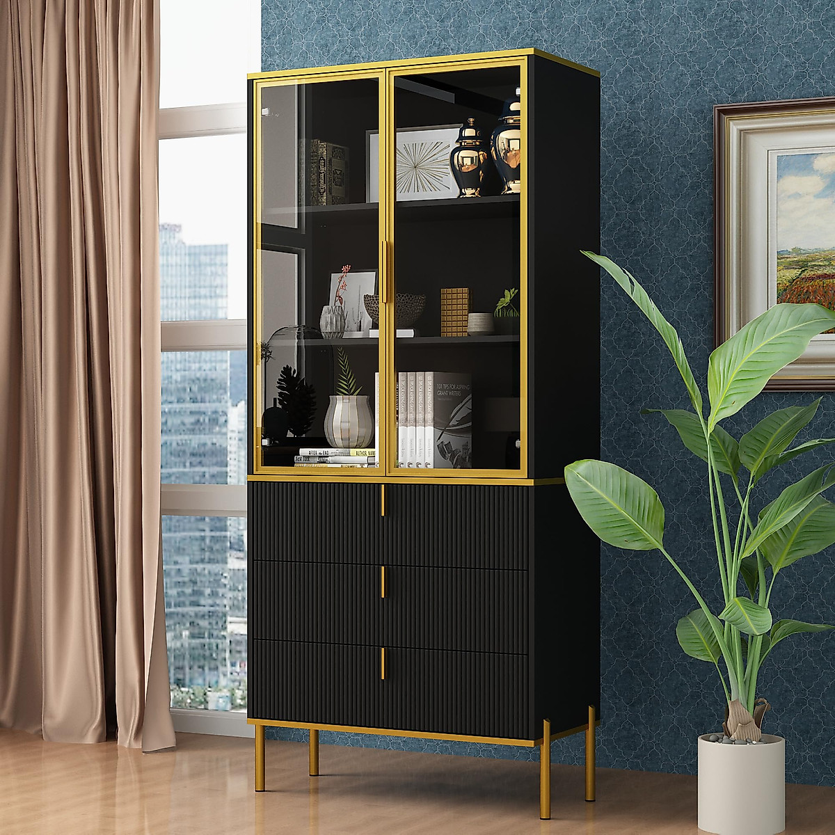 ECACAD Modern Bookcase Storage Cabinet with 2 Glass Doors and 3 Ripple Drawers, Wood Bookshelf Display Cabinet with Metal Legs for Living Room & Office, Black (31.5”L x 15.7”W x 71.9”H)