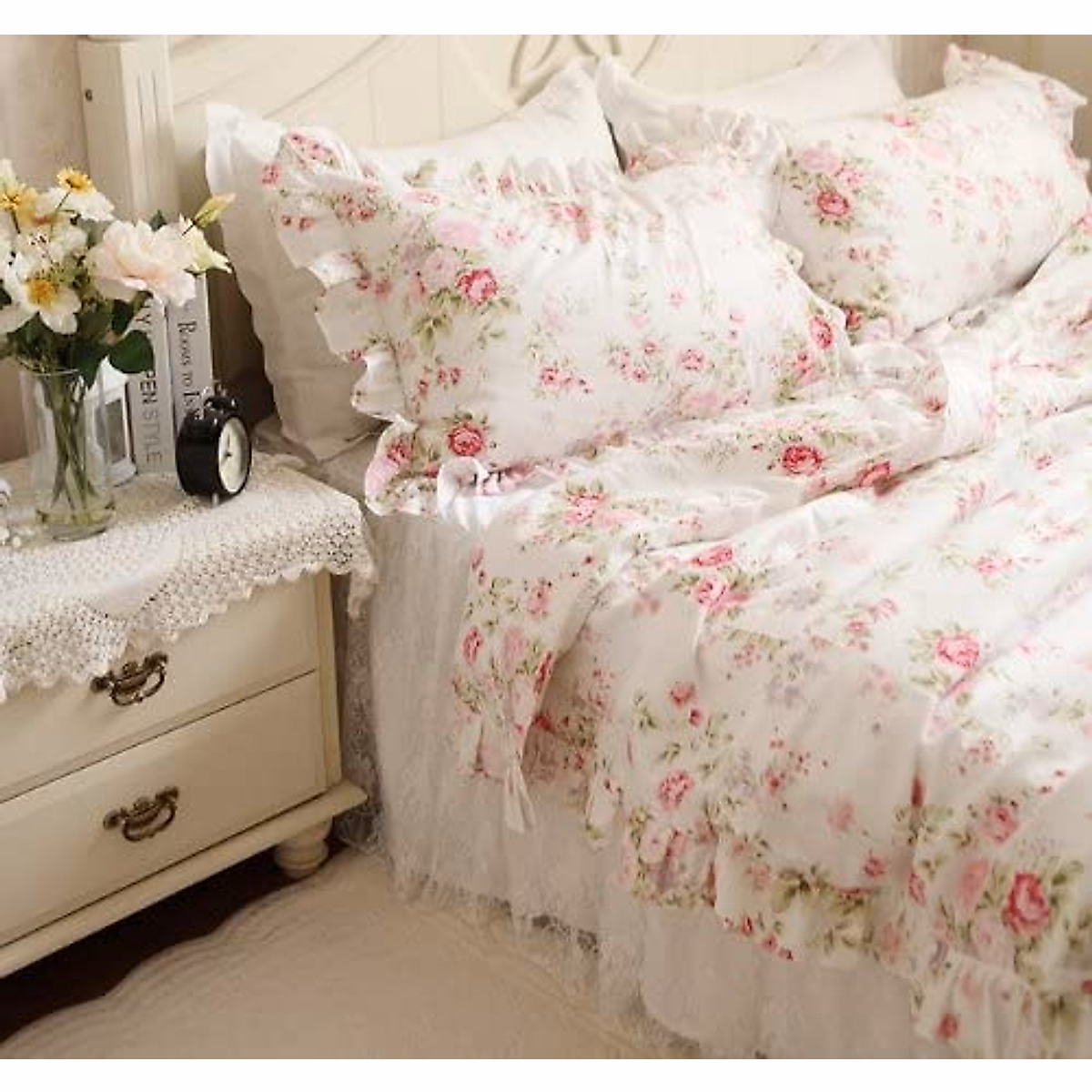 Kolachic Country Rose Roses Pink Floral Flower Duvet Cover Bedding Set 3 Pieces, 1 Duvet Cover & 2 Pillowcases 100% Cotton (King/California King)