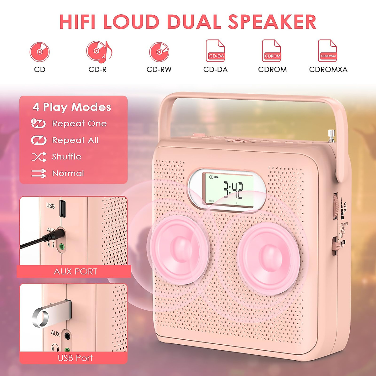 Gueray Portable CD Player, Bluetooth CD Player with Speakers Handle Design, CD Boombox for Home FM Radio CD Player with LCD Display for Kids Support USB AUX Playback Headphone Jack