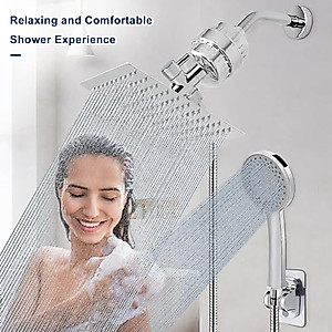 NearMoon Filtered Shower Head, High Pressure 8″Square, 5 settings Handheld Rain Shower Filter Combo with Self-adhesive Holder/1.5M Hose -1 Replaceable Filter Cartridge (Chrome Finish)