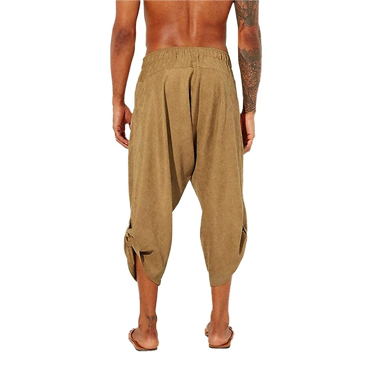 Gafeng Mens Linen Harem Capri Pants Drawstring 3/4 Shorts Casual Beach Yoga Hippie Thai Pants