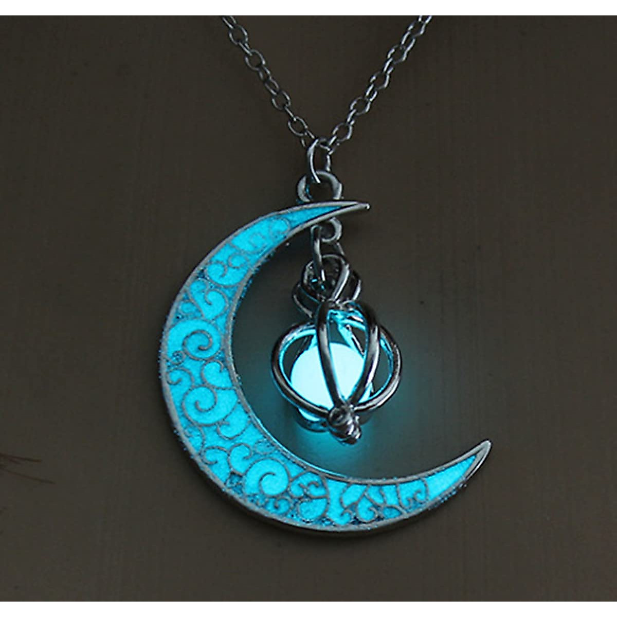 Rckcu Glow in The Dark Silver Crescent Moon and Orb Necklace - Glowing Blue Moon Charm - Magical Fantasy Fairy Glowing Necklace - Glow Jewelry (blue-green)