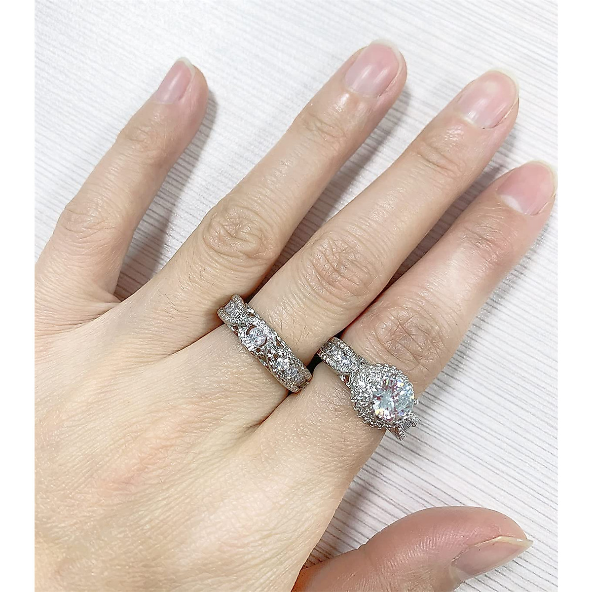 KUYIUIF 2 Pcs Retro Luxury Ring Set 925 Sterling Silver Shiny Full Diamond AAA Cubic Zirconia Solitaire Rings CZ Diamond Ring Set Eternity Engagement Wedding Band Set (7)