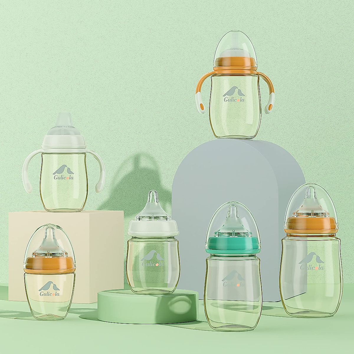 Gulicola PPSU Baby Bottles for Breastfeeding Babies with Storage Cap, Anti-Colic, Fast Flow, 6 Months Plus, 9 oz, 2 Count (Grey White)