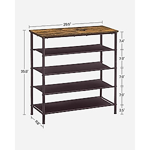 VASAGLE Shoe Rack 5 Tier, Narrow Shoe Organizer for Closet Entryway, with 4 Fabric Shelves and Top for Bags, Shoe Shelf, Steel Frame, Industrial, Rustic Brown and Bronze ULBS036A45