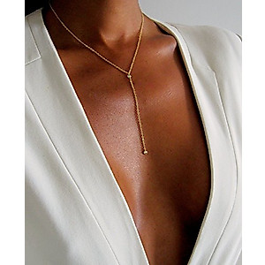 Dainty Drop Gold and Sterling Silver Adjustable Lariat Necklace for Women with Diamond, Simple Y Necklace Choker (Gold, Double CZ Lariat)