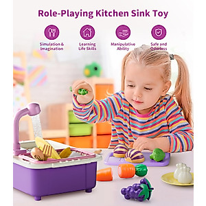 Geyiie Kitchen Sink Toy for Toddlers, Play Sink with Running Water, Upgraded Real Faucet, Dish Rack & Play Cutting Food, Kids Kitchen Sink Toy Gifts for 3 4 5 6 7 Years Old