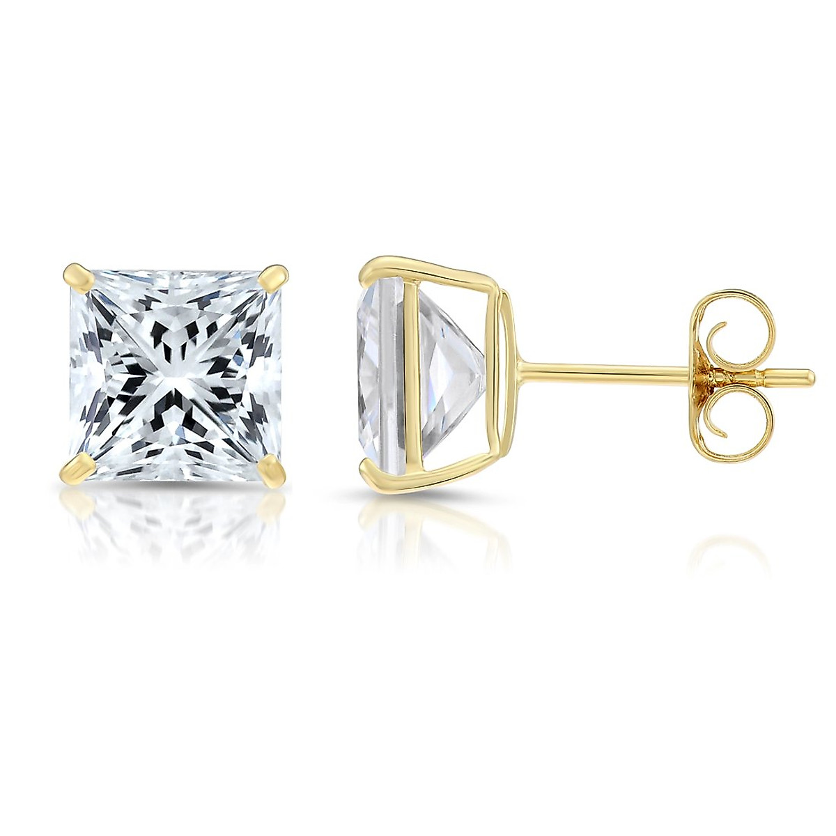 Solid 14k Yellow Gold Square Solitaire Cubic Zirconia Princess-cut Large CZ Stud Earrings for men and women (7mm)
