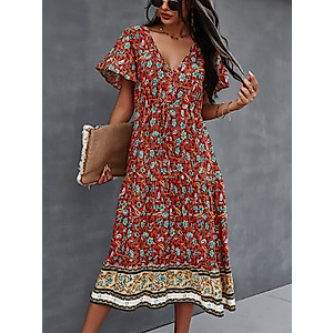 TEMOFON Summer Dresses for Women 2024 Boho Sun Maxi Beach Sundresses Summer Floral Short Sleeve V Neck Bohemain Flowy Loose Casual Cute Spring Trendy Vacation Dress Red