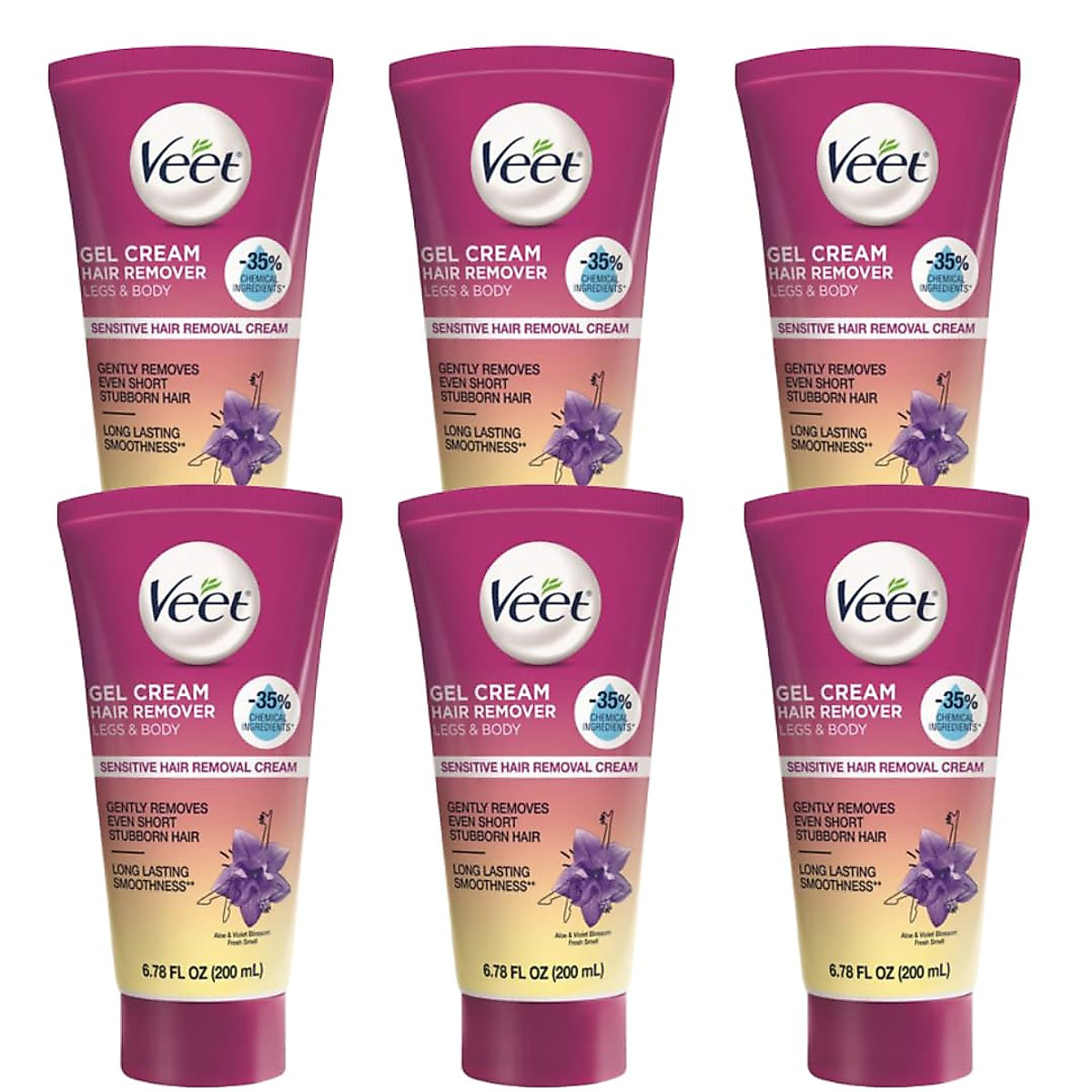 Veet Sensitive Skin Formula with Aloe Vera and Vitamin E, Dermatologically Tested Hair Removal Gel Cream 6.76 Fl Oz. for Legs & Body (6 Pack)