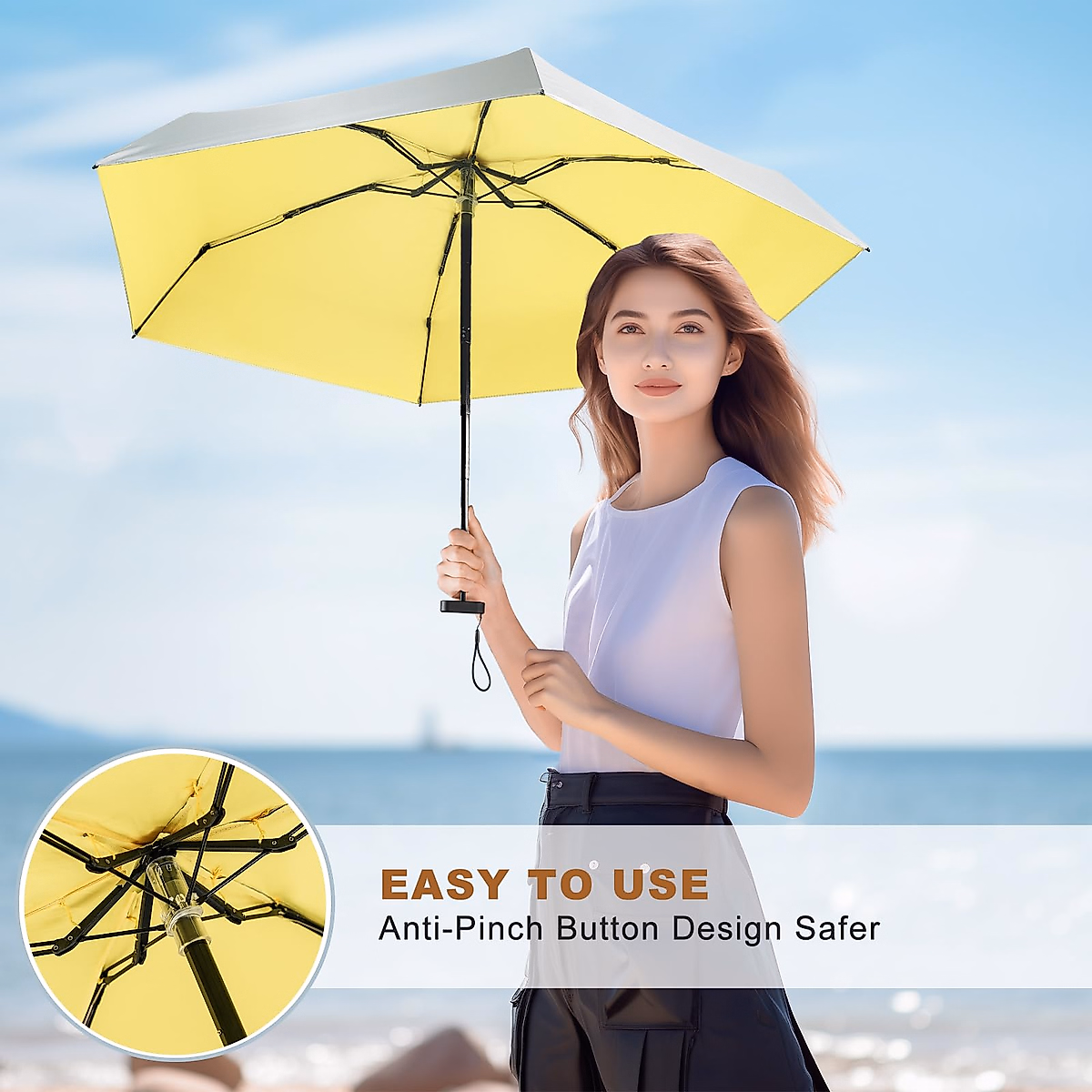 LEAGERA Mini Umbrella For Purse - UPF 50+ UV Blocker Sun Protection Umbrella, Small Micro Travel Parasol Design for Women,Yellow