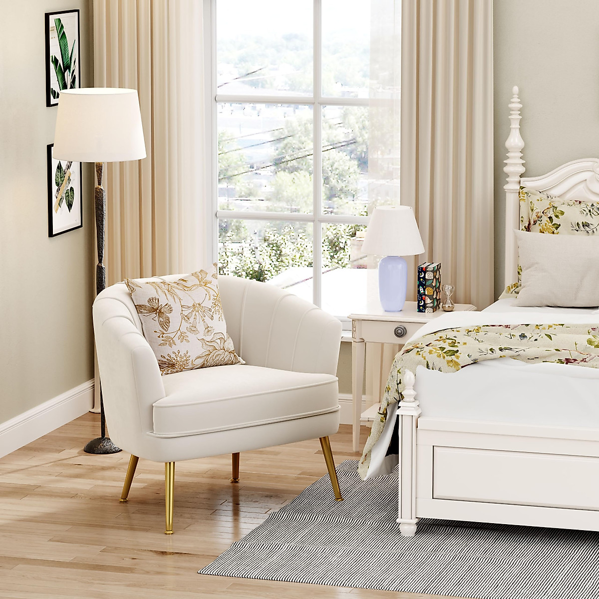 Andeworld Velvet Accent Chair, Upholstered Modern Single Sofa Side Chair,Comfy Barrel Club Living Room Armchair with Golden Metal Legs for Bedroom Living Reading Room Office, Beige