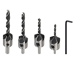 Utoolmart 4 in 1 Countersink Drill Bit Set, 3mm 4mm 5mm 6mm Quick Change Drill Bit with One Hex Key, Adjustable Carpentry Reamer Plated for Wood DIY, HSS