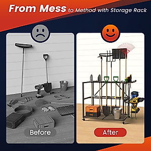 Keeswin Garden Tool Organizer with Wheels, 3 Tier Large Garage Tool Storage Organizer,Up to 50 Long-Handled Tools, 4 Drills Holder with 10 Hooks, 10 for Screwdrivers, Large (31.5''D x 25" W x 16" H)