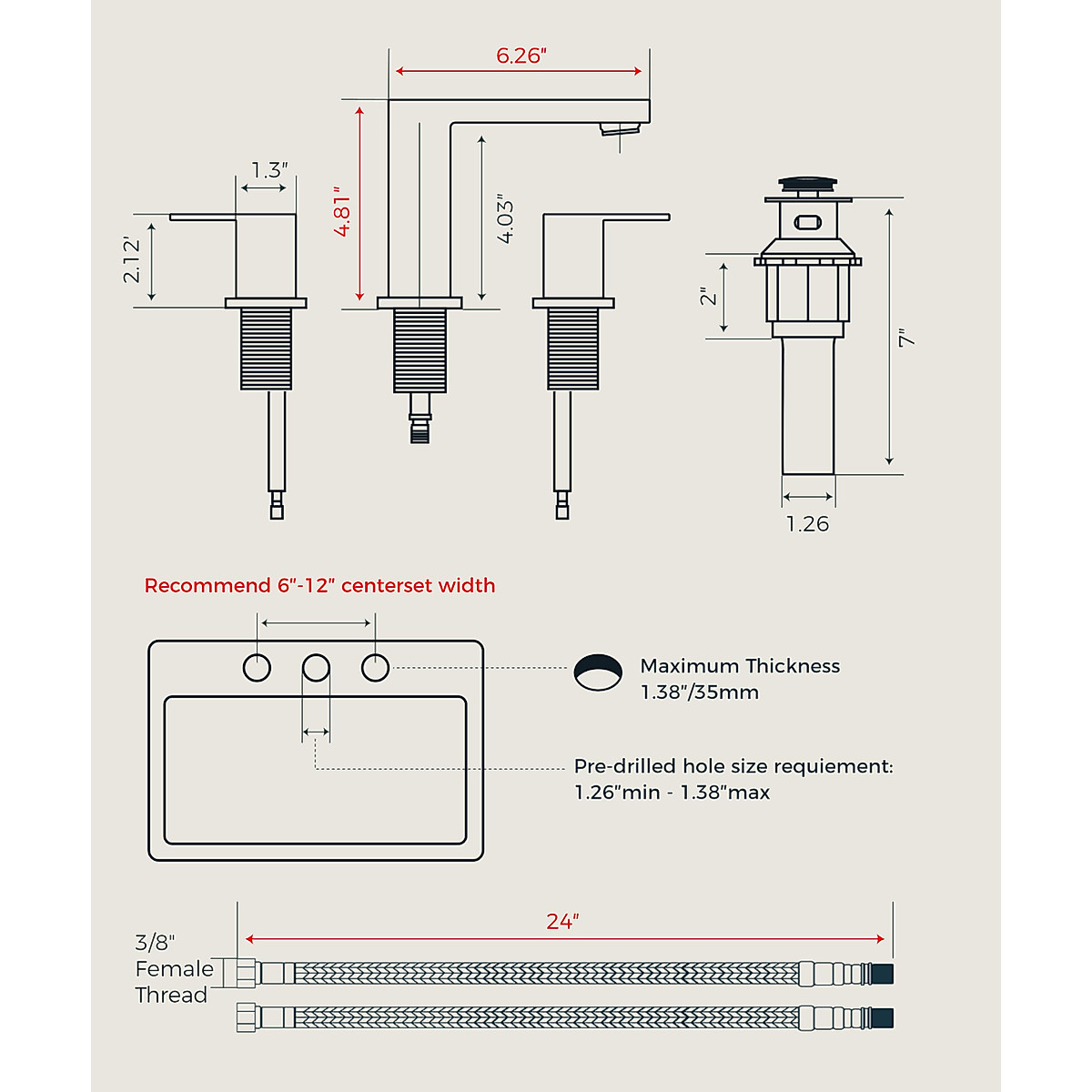 QFN Black Bathroom Faucets, 8 Inch Widespread Bathroom Faucet 3 Hole, 8" Bathroom Sink Faucet 3 Hole with Metal Pop Up Drain and Hose, Two Handle Matte Black Faucet for Bathroom Sink Vanity Faucet